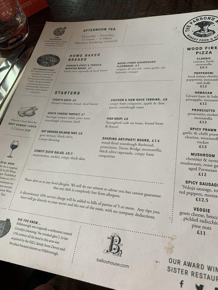 Menu at The Parson's Nose restaurant, Hillsborough