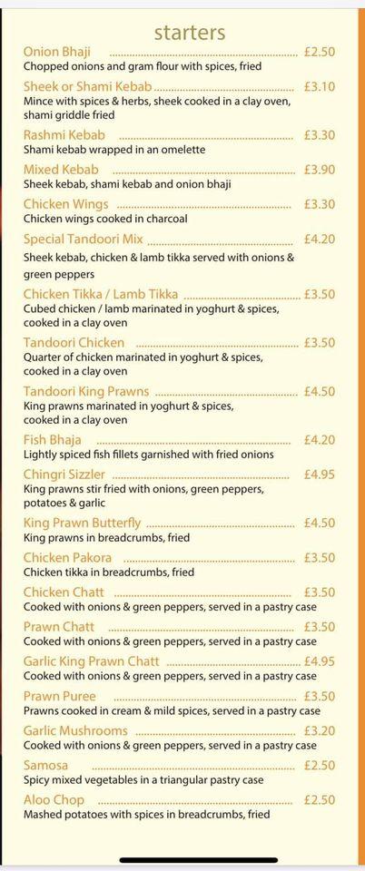 Menu at Chutney restaurant, Sheffield