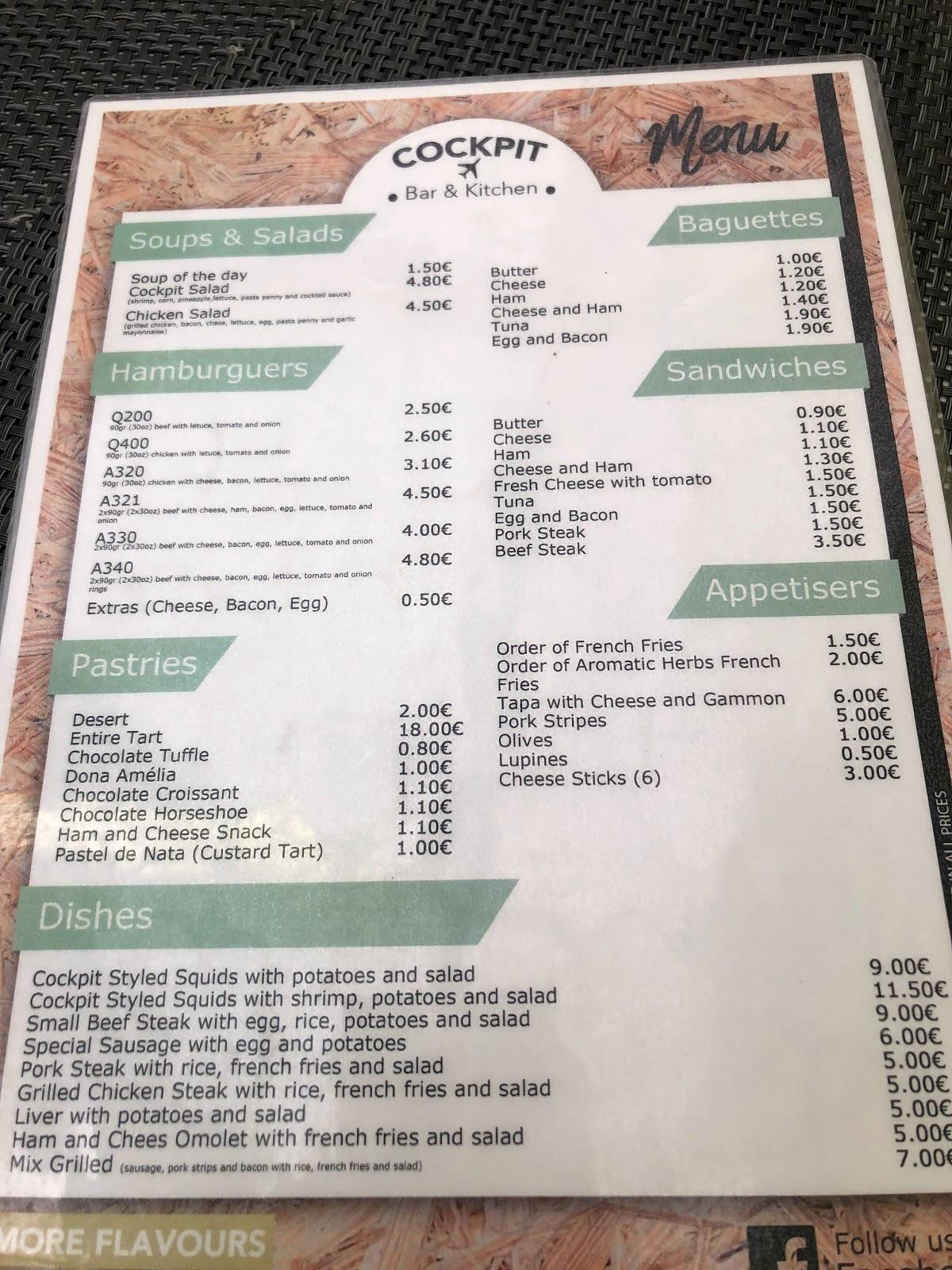 Menu em Cockpit Bar & Kitchen, Praia da Vitória