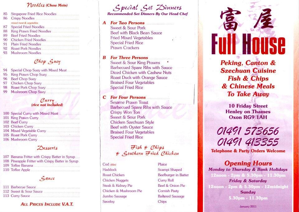 Menu at Full House fast food, Henley-on-Thames