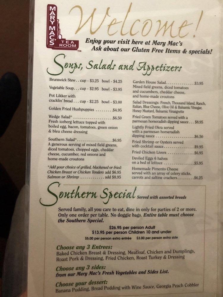 Menu at Mary Mac's Tea Room pub & bar, Atlanta