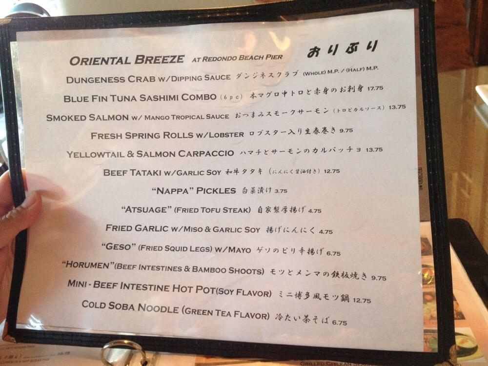 Menu at Oriental Breeze restaurant, Redondo Beach, 207 Fisherman's Wharf