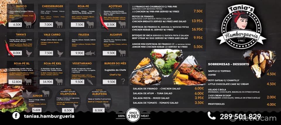 Menu at Tania's Hamburgueria restaurant, Albufeira