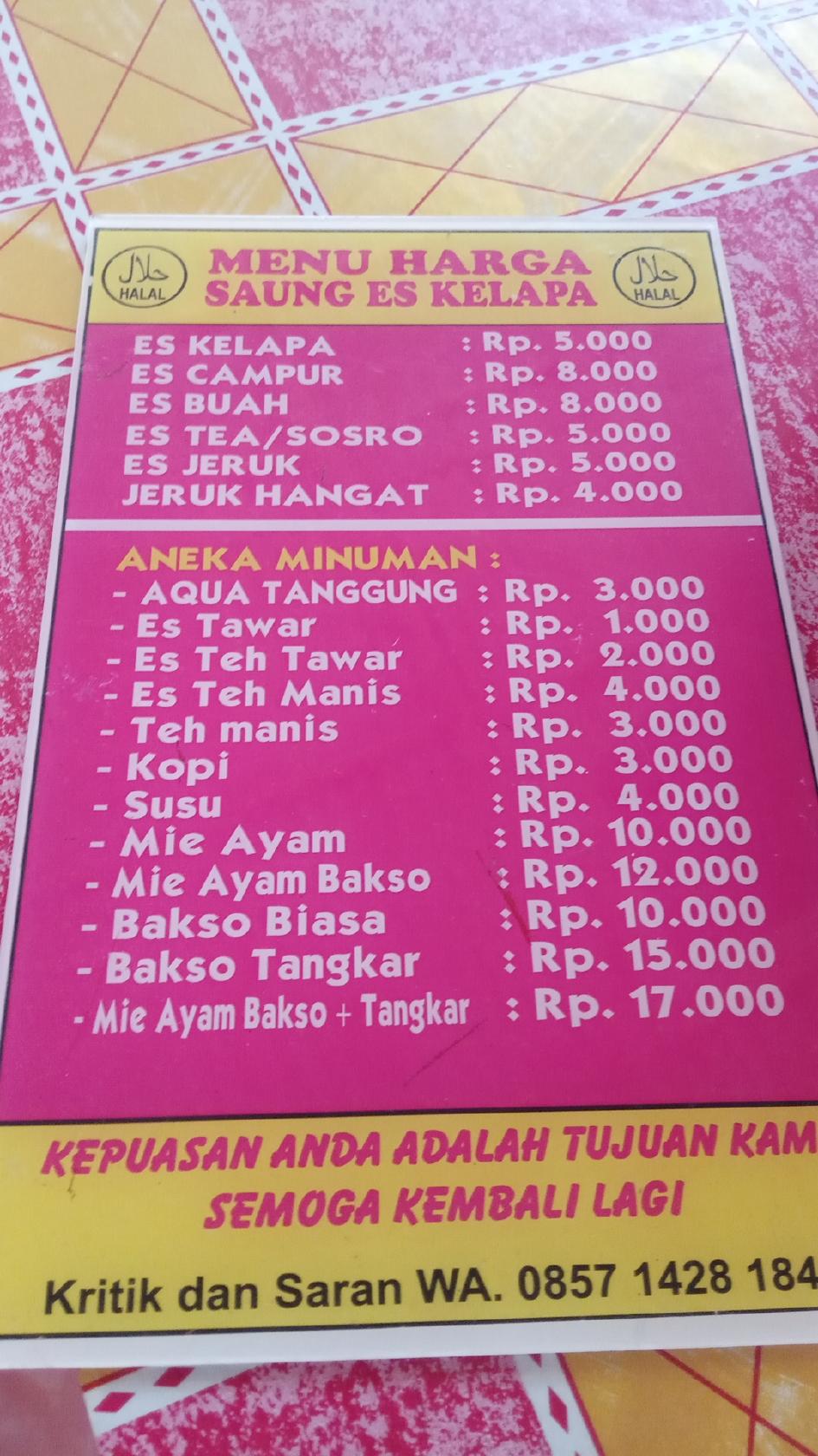 Menu at BAKSO TANGKAR dan SAUNG ES KELAPA restaurant, Bekasi Regency