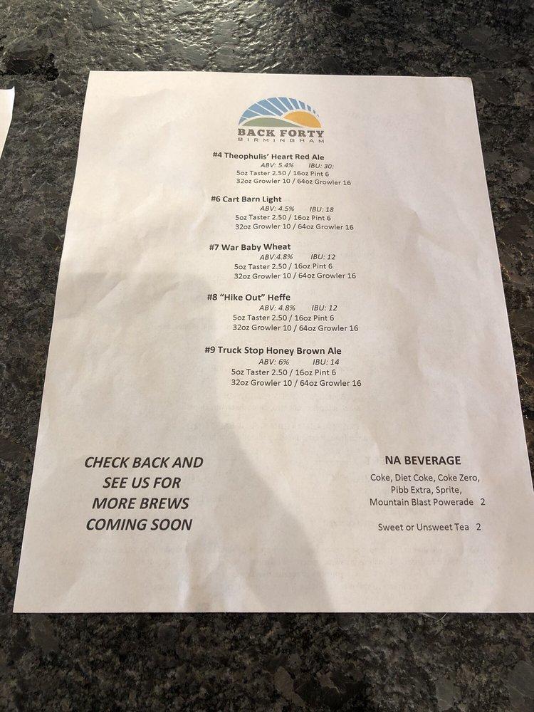 Menu at Back Forty Beer Company Birmingham, Birmingham