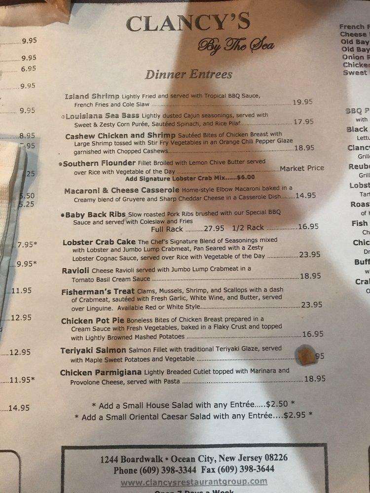 Menu at Clancy's by the Sea restaurant, Ocean City