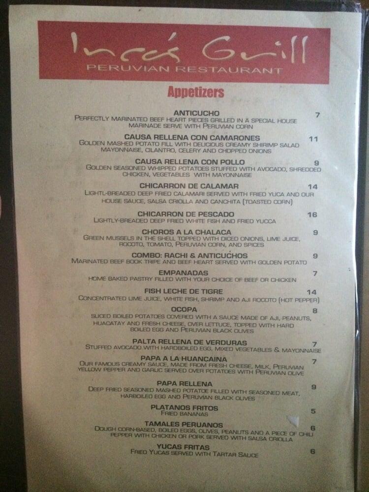 Menu at Incas Grill Peruvian Restaurant & Bar, Concord