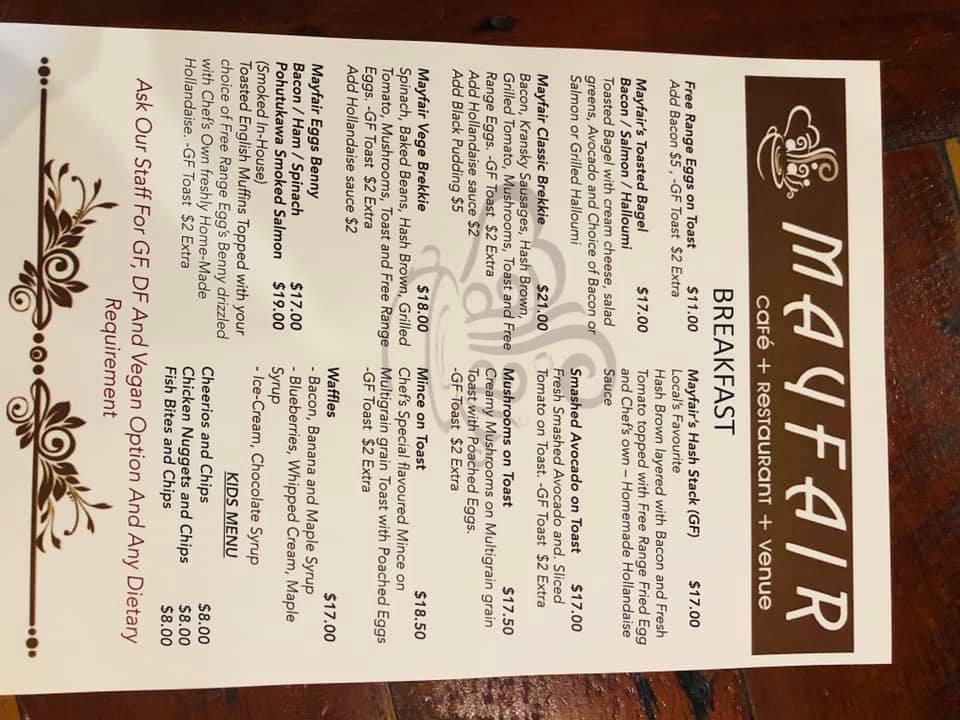 Menu at Mayfair Cafe, Upper Hutt