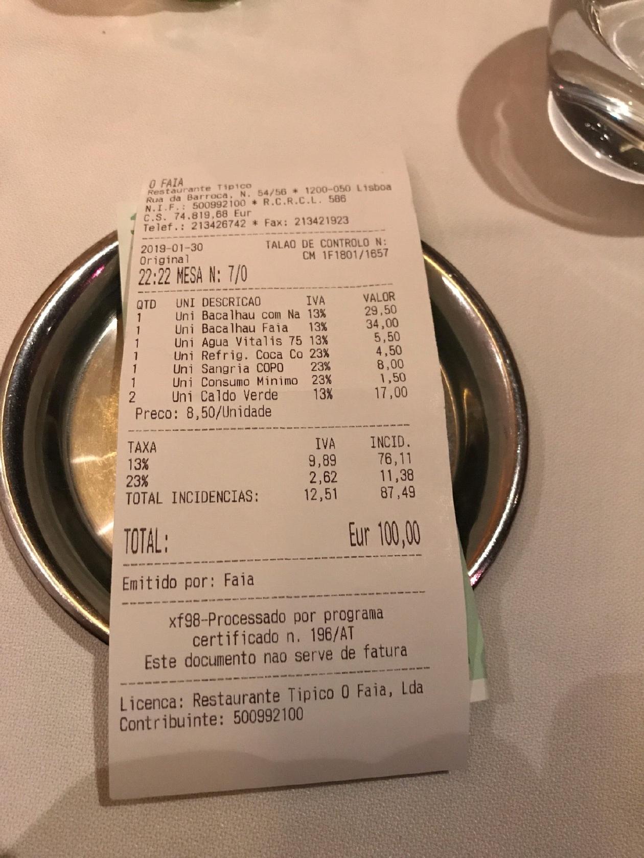 Menu at O Faia restaurant, Lisbon, R. da Barroca 54 56