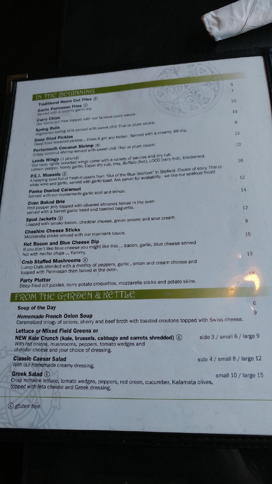 Menu at Paddingtons Pub, Lambton Shores, 18 Ontario St N
