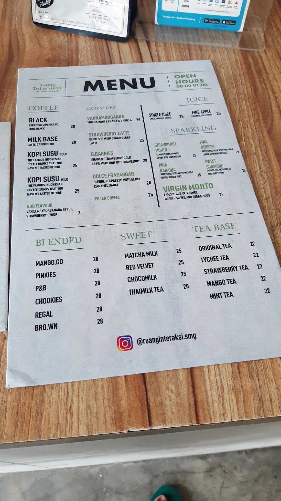 Menu at Ruang Interaksi cafe, Semarang