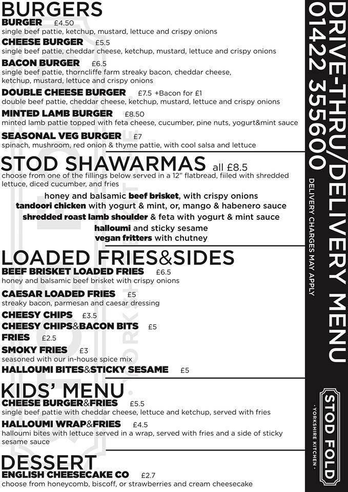 Carta del pub y bar Stod Fold, Halifax