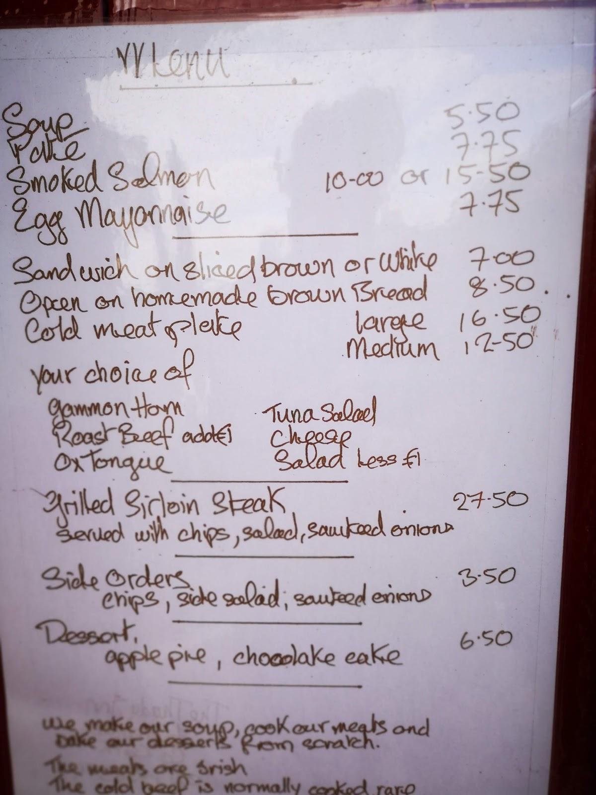 Menu at The Thady Inn pub & bar, Ireland, Farnanes