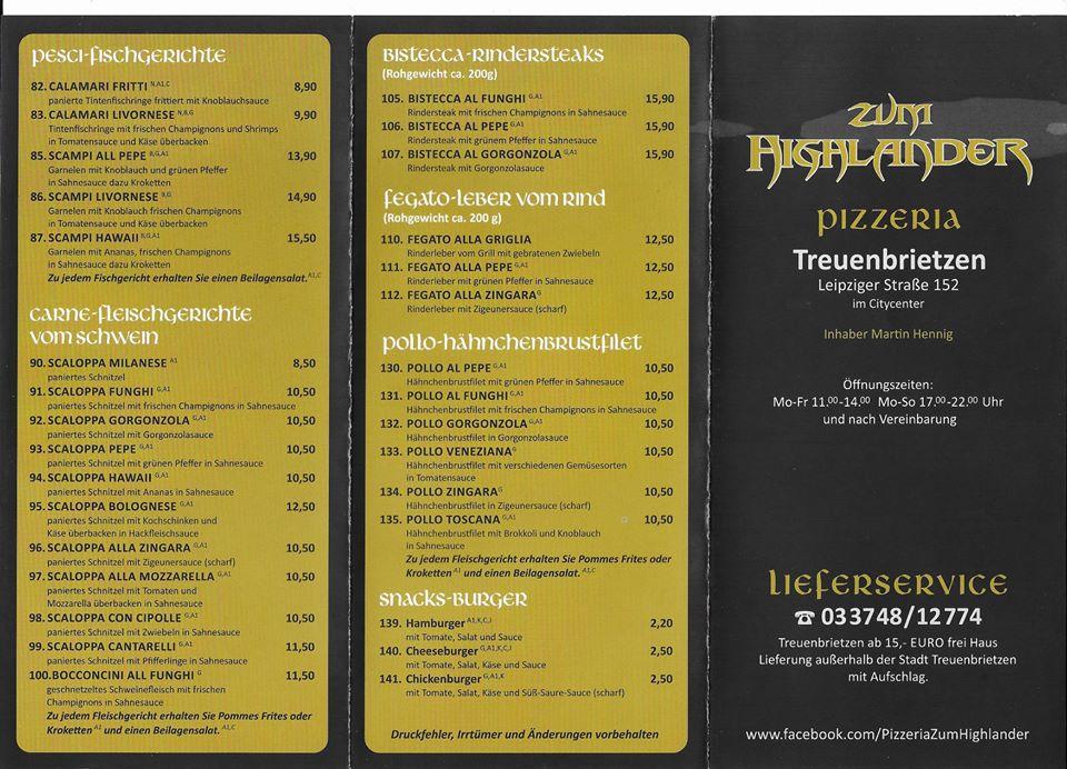 Speisekarte von Zum Highlander Pizzeria, Treuenbrietzen