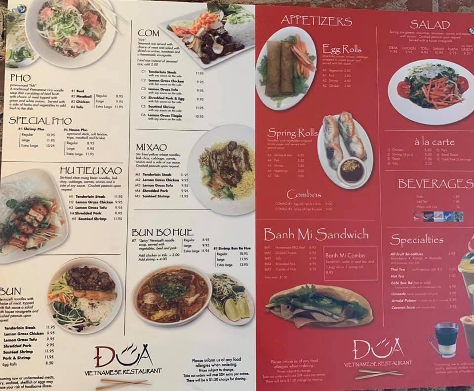 Menu at Dua Vietnamese restaurant, Hapeville