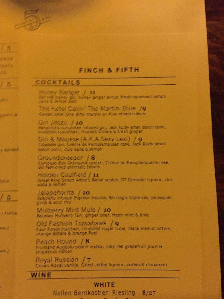 Menu at Finch & Fifth pub & bar, Augusta