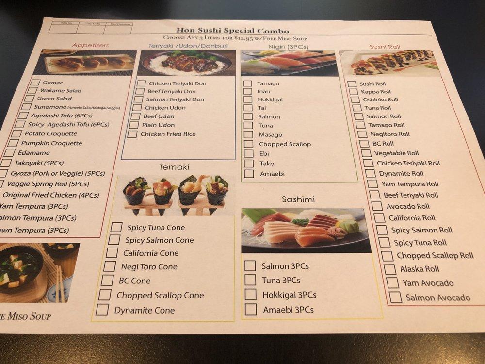 Menu at Hon Sushi restaurant, Burnaby