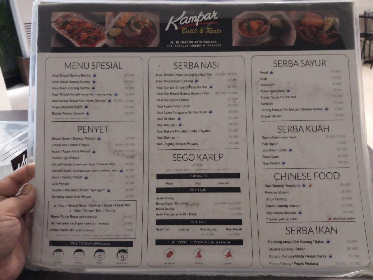 Menu at Kampar Batik and Resto restaurant, Surabaya, Jl. Indragiri No.43