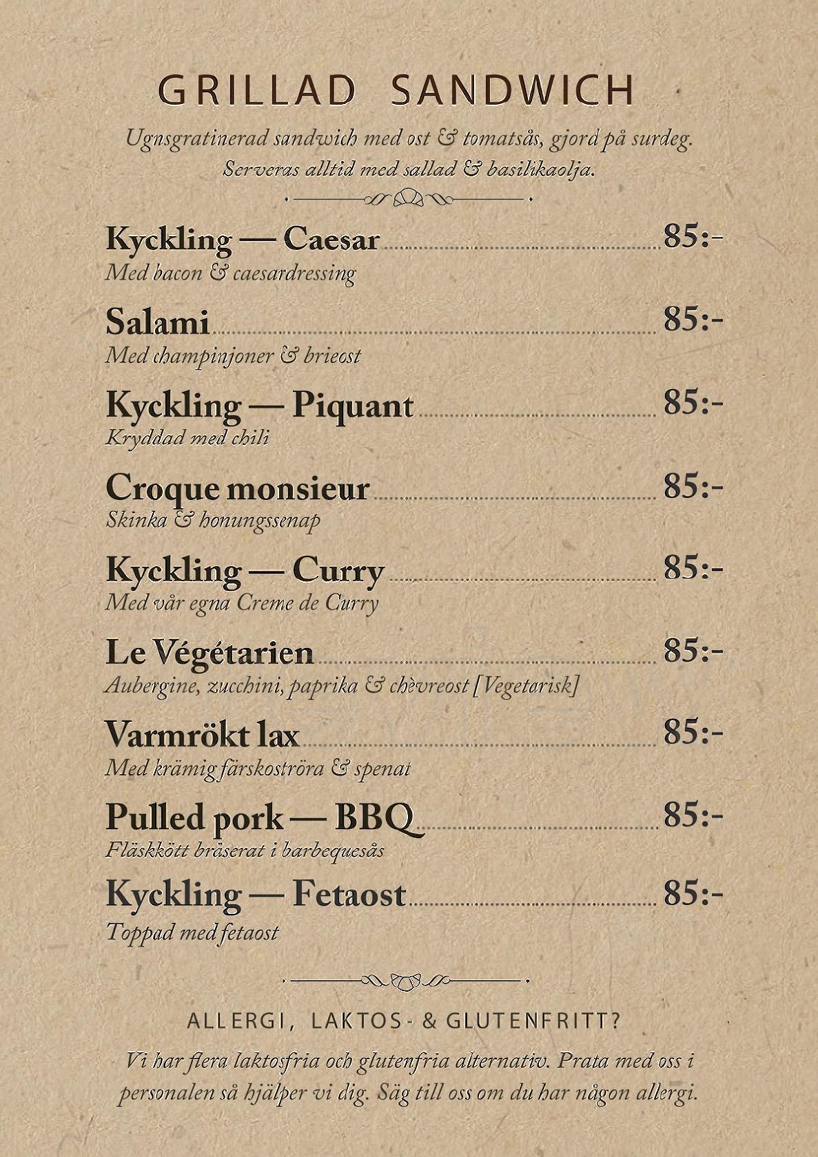 Menu at Le Croissant restaurant, Gävle