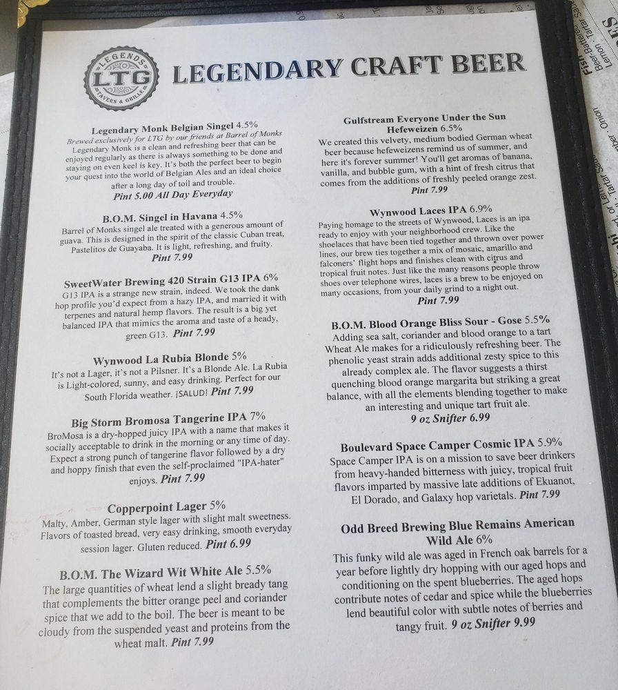 Menu at Legends Tavern & Grille - Plantation pub & bar, Plantation