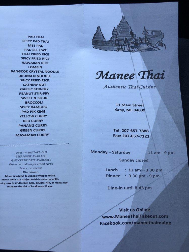 Menu at Manee Thai restaurant, Gray