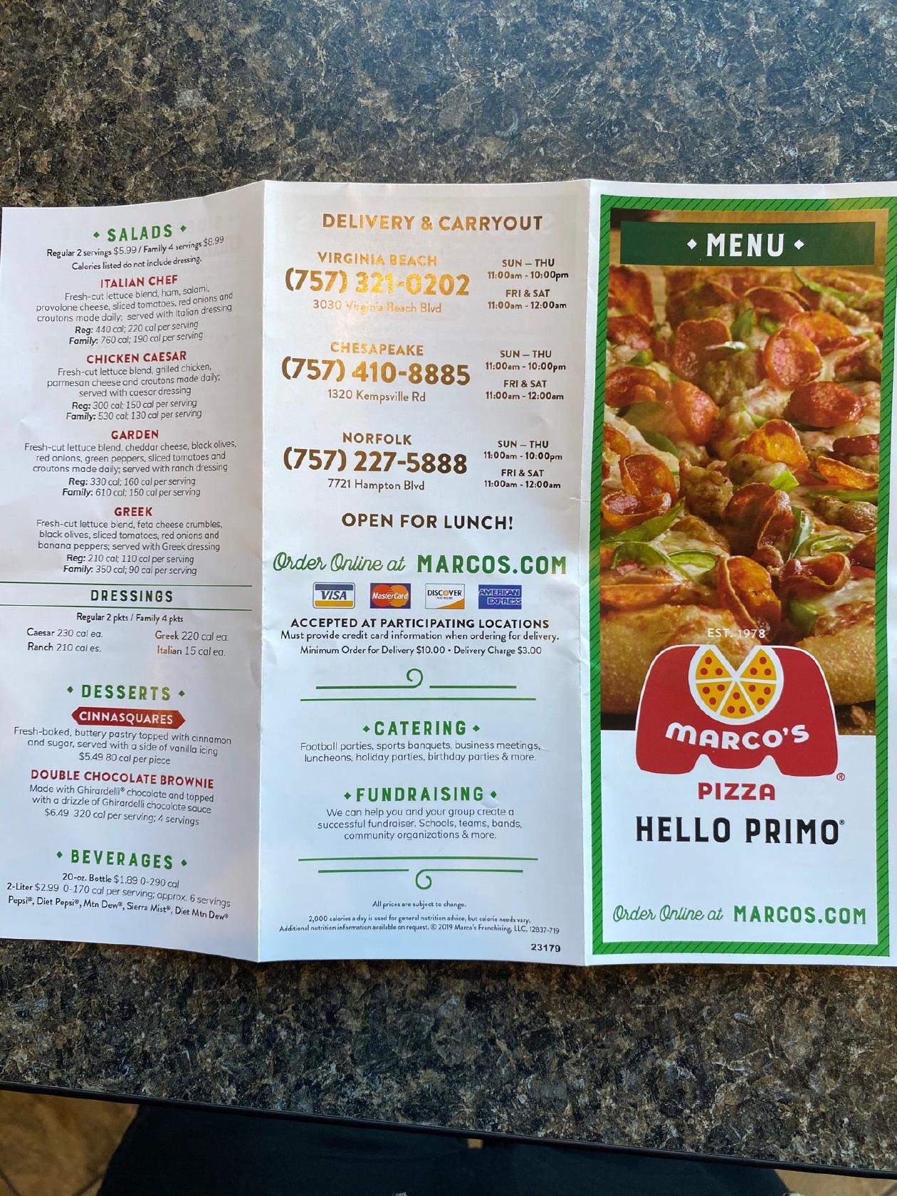 Menu at Marco's Pizza pizzeria, Norfolk, Hampton Blvd