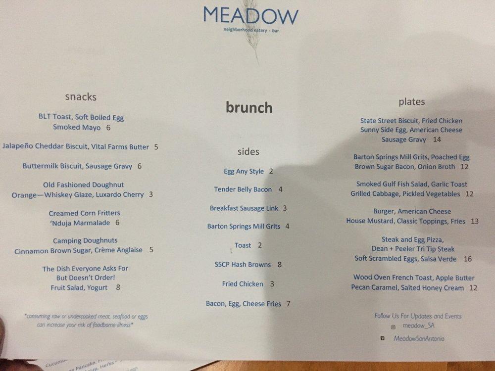 Menu at Meadow Neighborhood Eatery + Bar, San Antonio