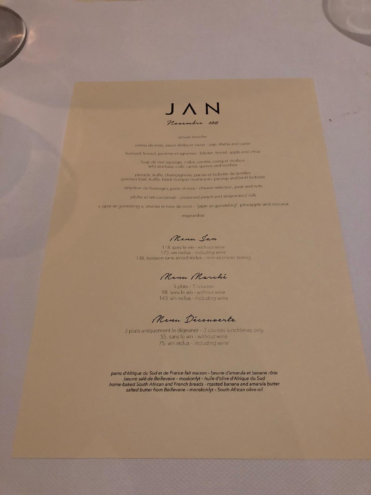 Menu at Restaurant JAN, Nice