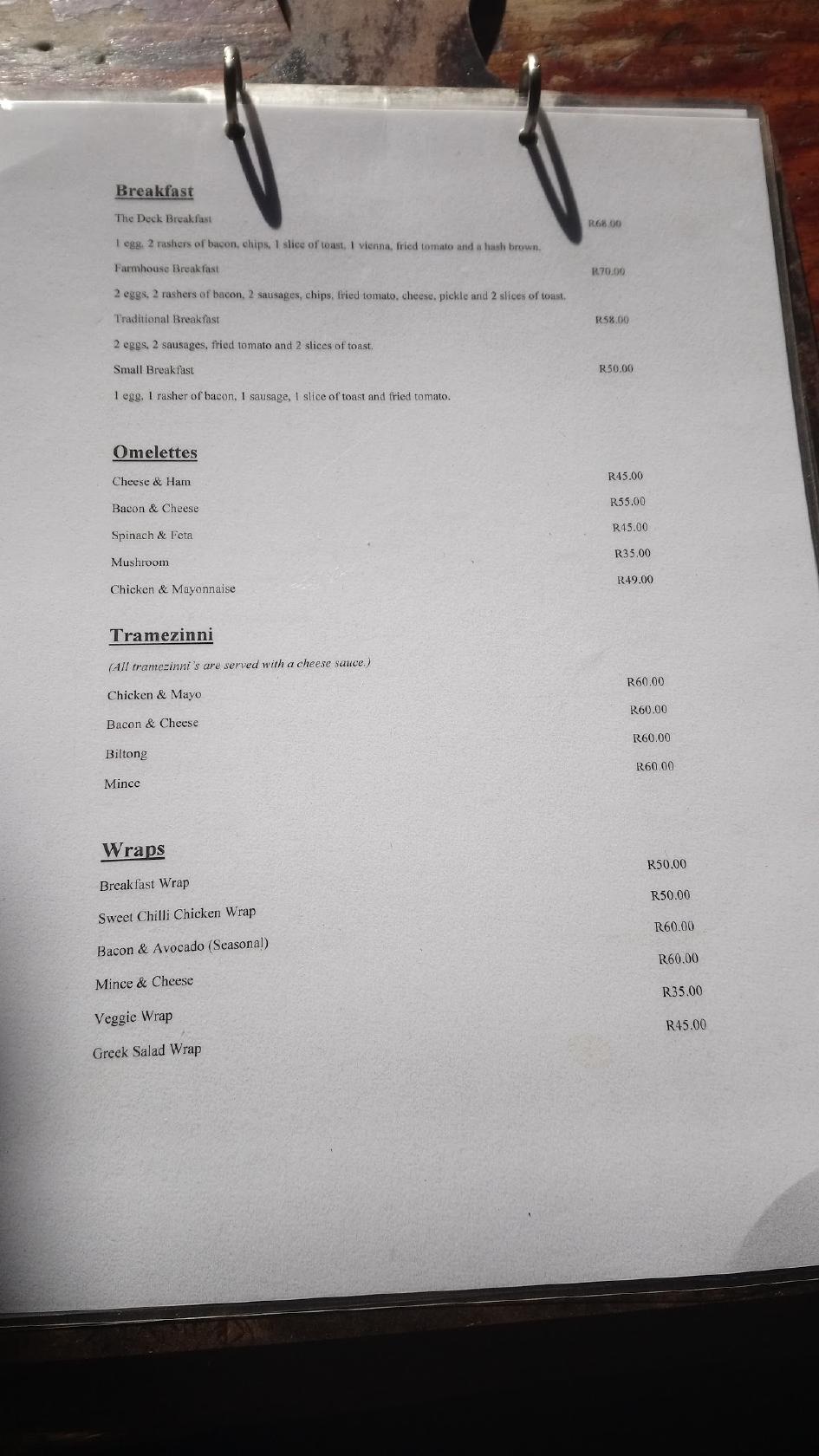 Menu at The Deck restaurant, Springs