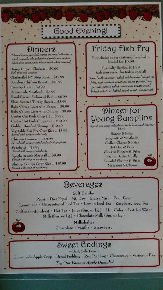Menu at Apple Dumplin restaurant, Springville