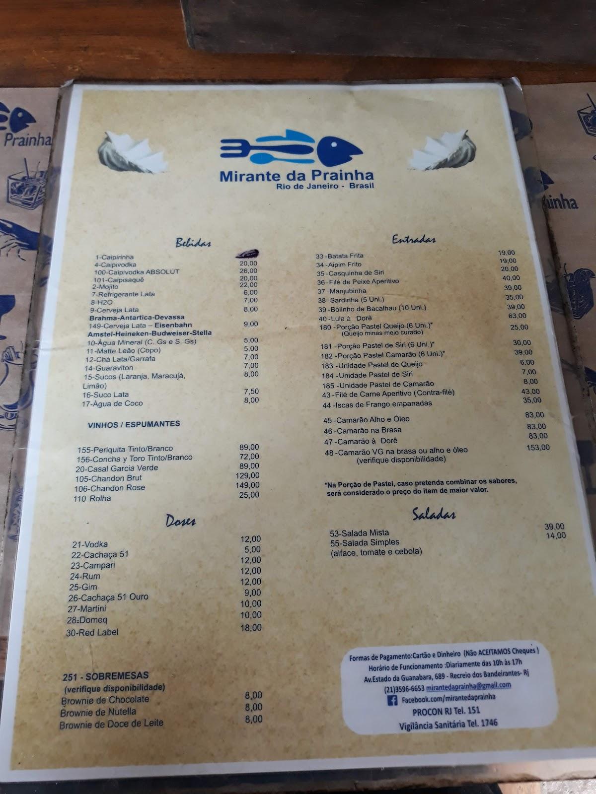 Menu em Bar e Restaurante Mirante da Prainha, Rio de Janeiro
