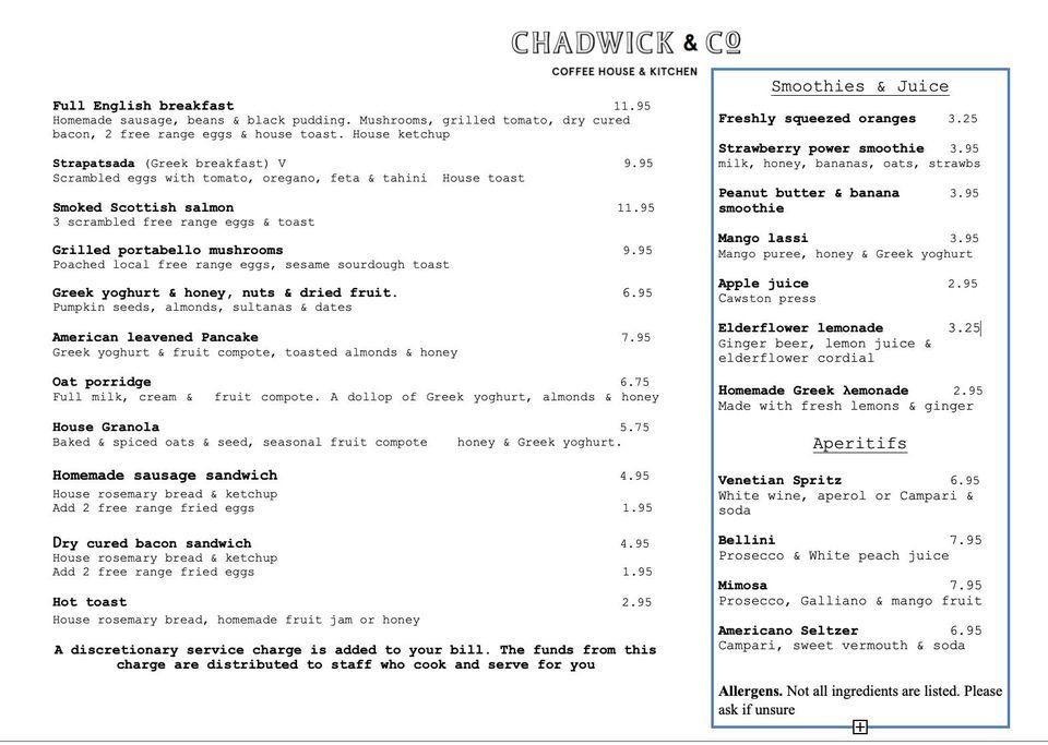 Menu at Chadwick & Co. - Coffee House and Kitchen, Stockton-on-Tees
