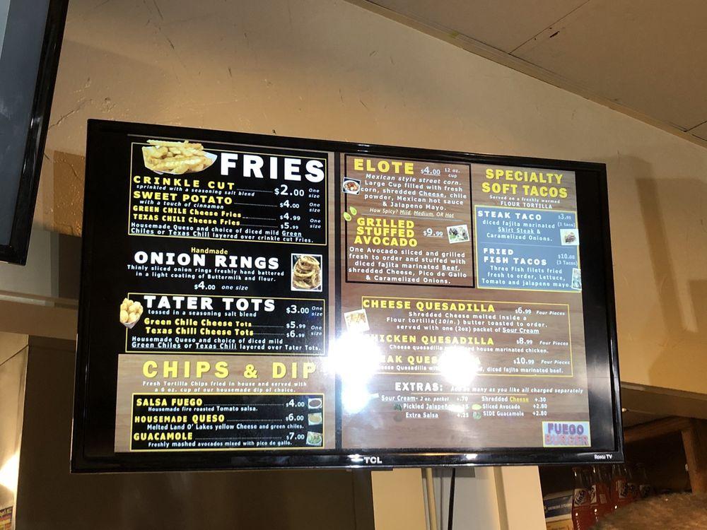Menu at Fuego Burger restaurant, Fort Worth, Benbrook Blvd #108