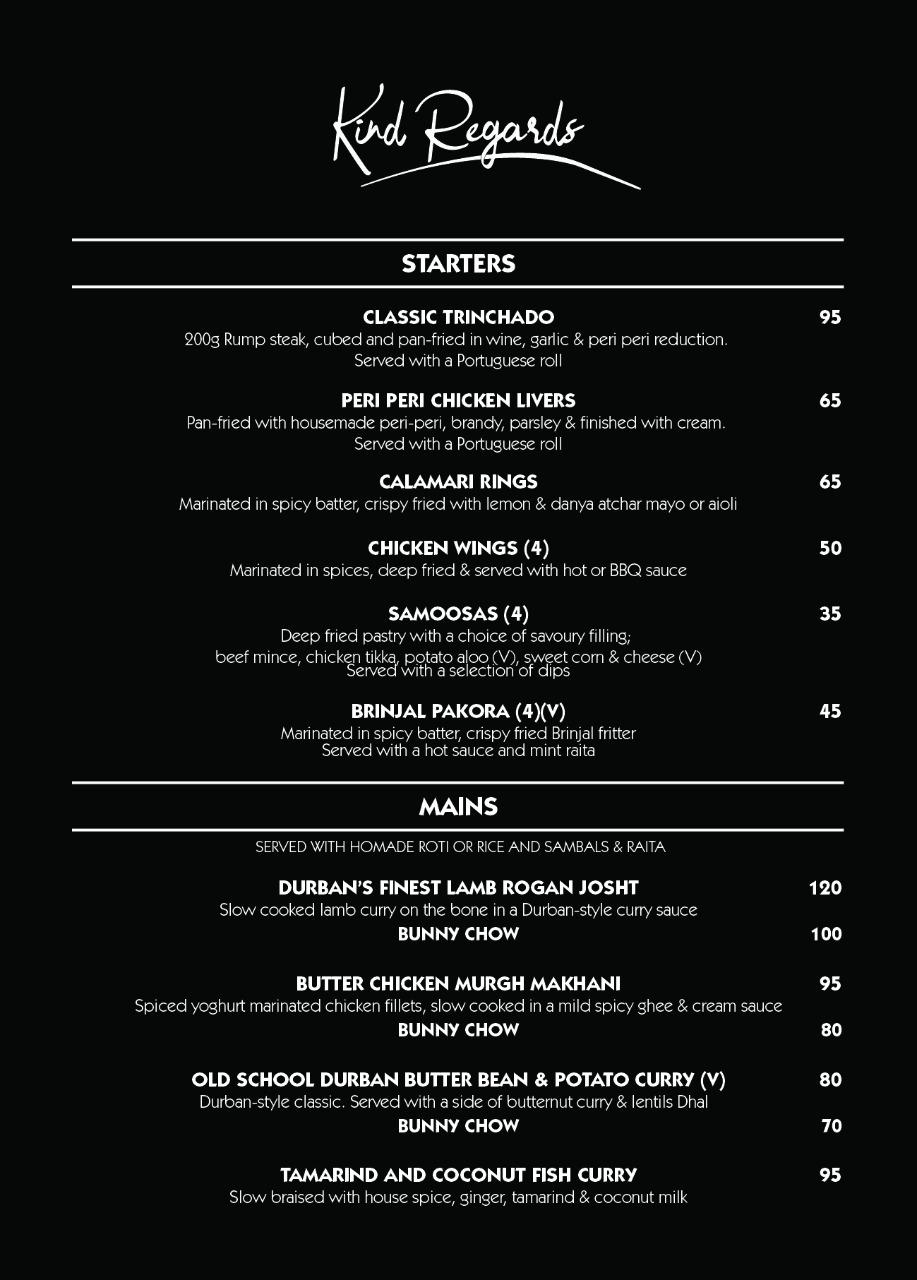Menu at Kind Regards restaurant, Cape Town, 86 Station Rd