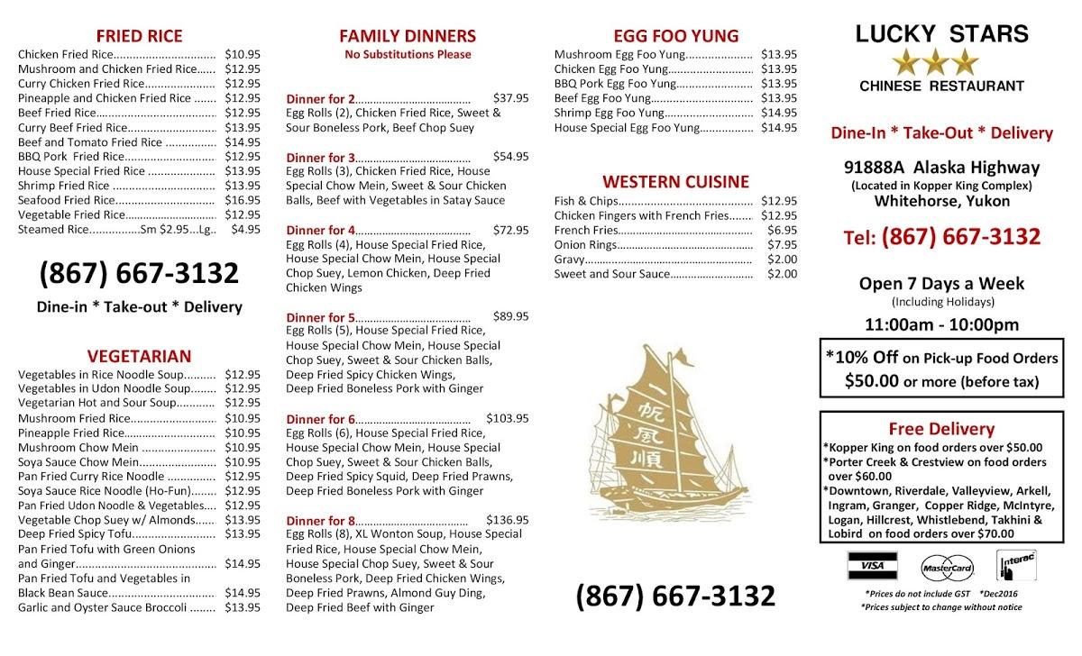 Menu at Lucky Stars Chinese restaurant, Whitehorse