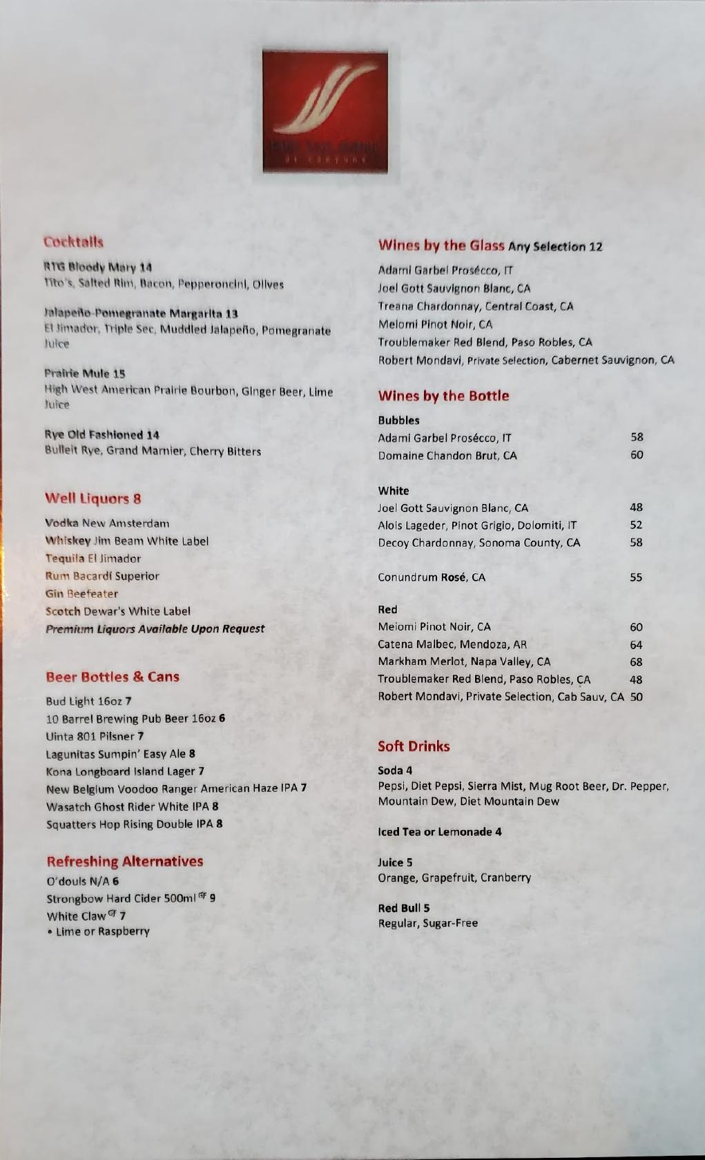 Carta del restaurante Red Tail Grill, Park City