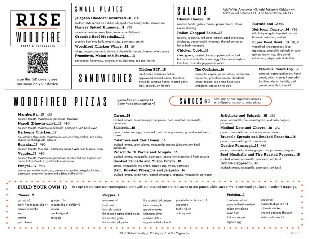 Menu at Rise Woodfire San Mateo pub & bar, San Mateo