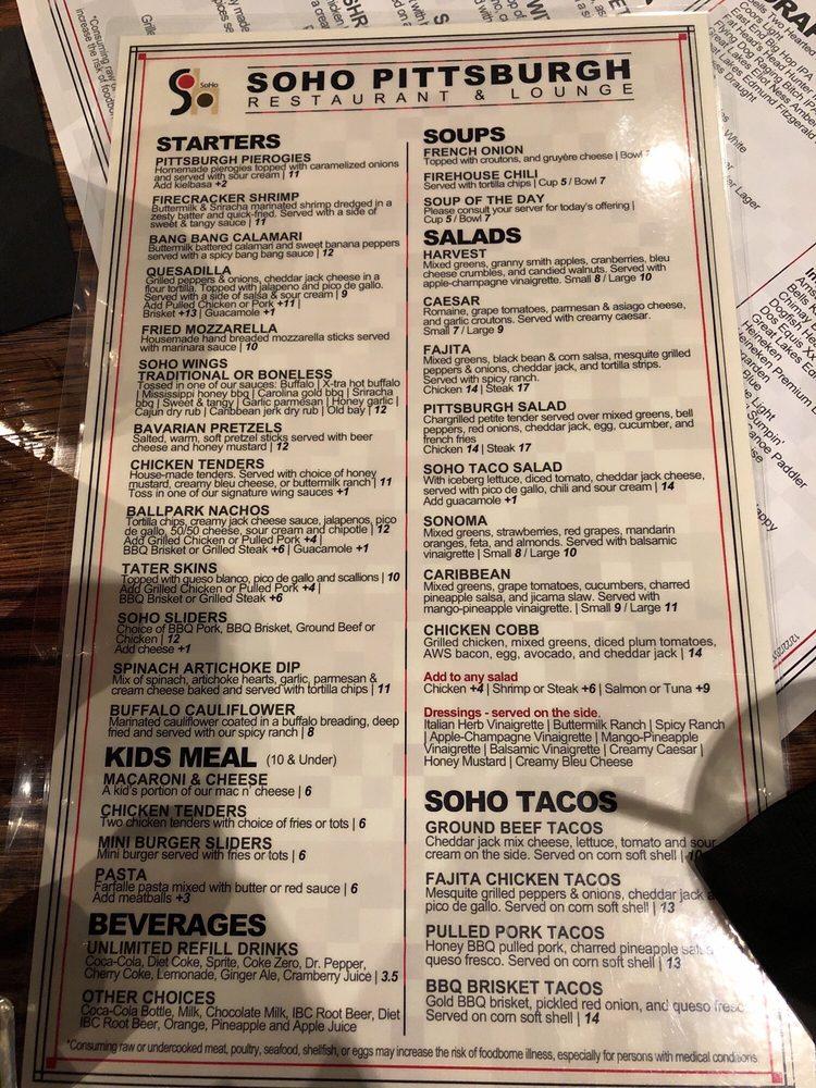 Menu at SoHo pub & bar, Pittsburgh, 203 Federal St