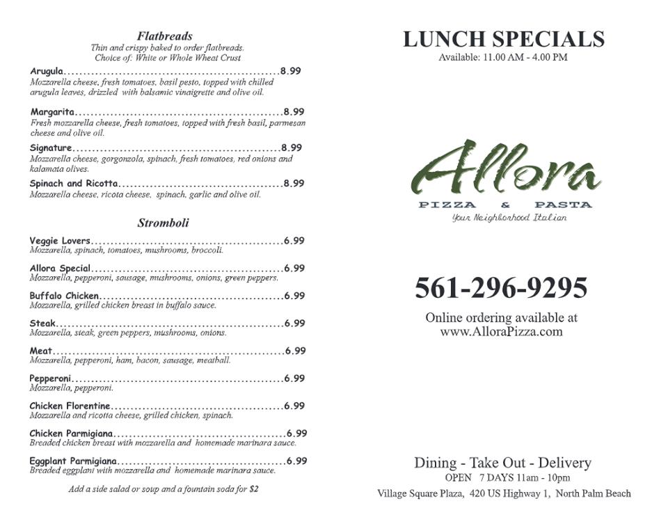 Menu at Allora Pizza & Pasta pizzeria, North Palm Beach