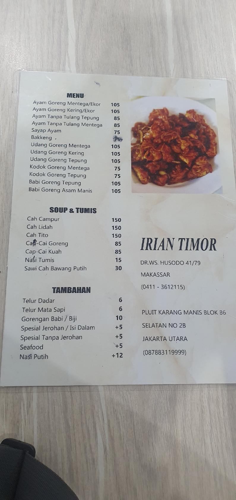 Menu at Kios Irian Timor restaurant, Makassar