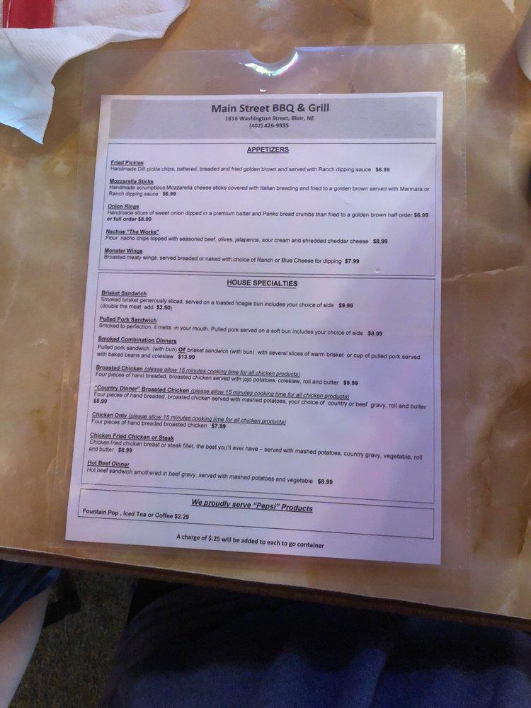 Menu at Main Street BBQ & Grill, Blair