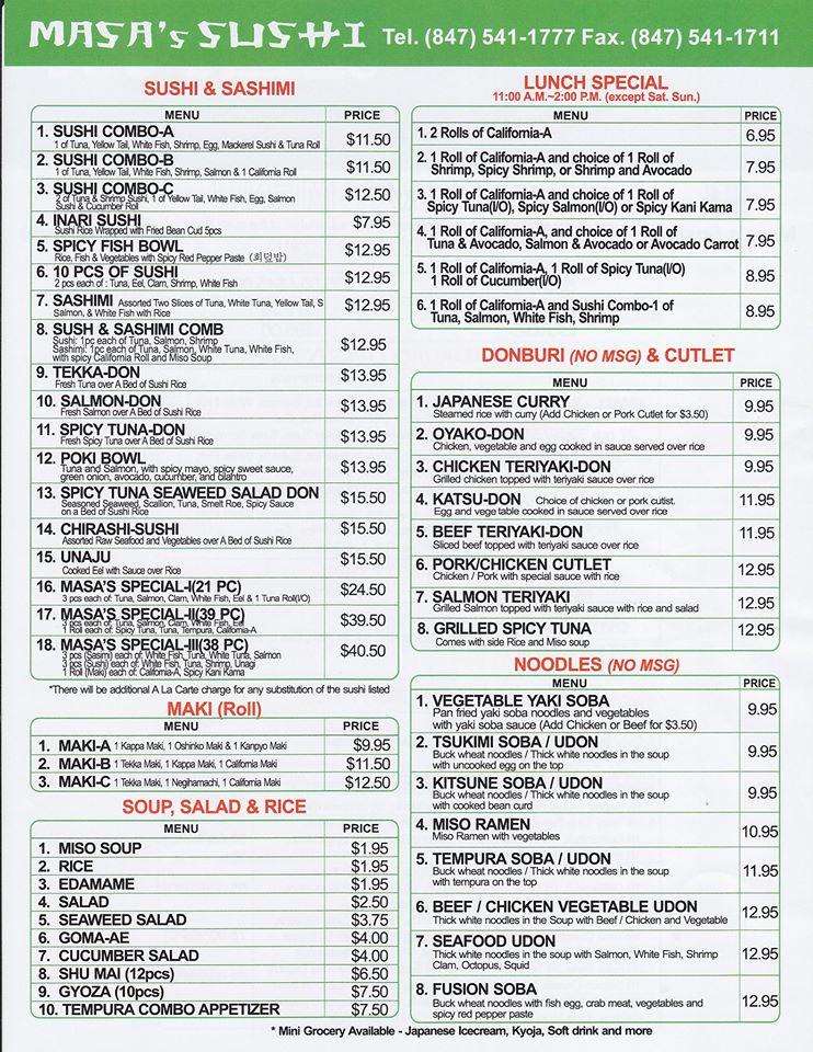 Menu at Masa's Sushi restaurant, Buffalo Grove