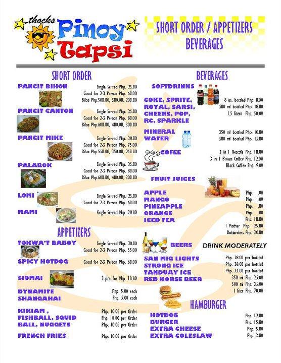 Menu at Pinoy Tapsi (24 hours open) restaurant, Nasugbu