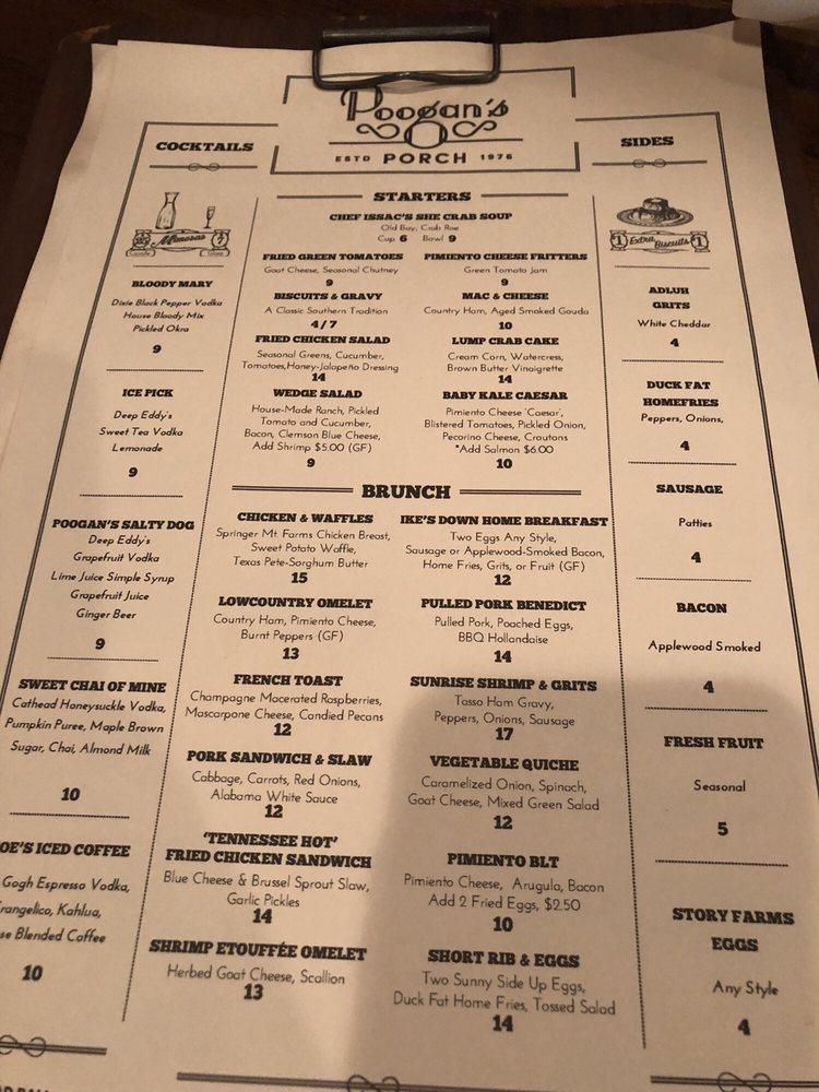 Menu at Poogan's Porch restaurant, Charleston