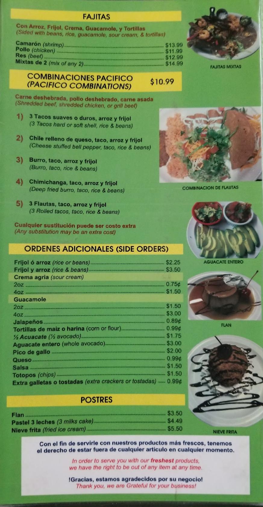 Menu at Restaurant El Pacifico, Phoenix, N 16th St