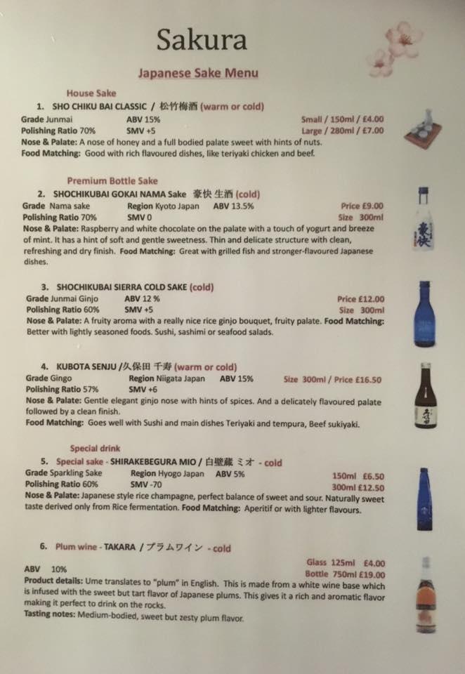 Menu at Sakura restaurant, Brandon