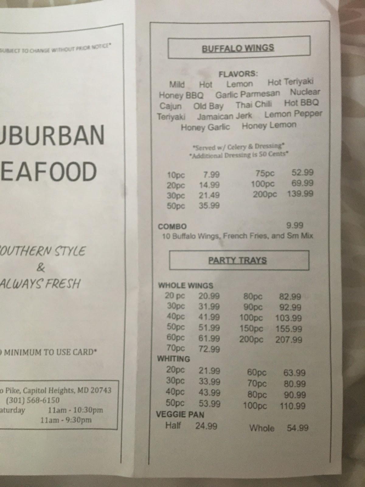 Menu at Suburban Seafood restaurant, Capitol Heights