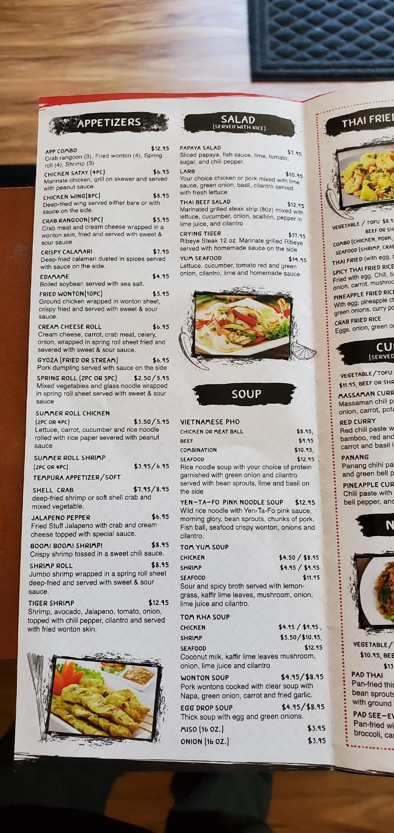 Menu at Thai Fusion restaurant, Mobile