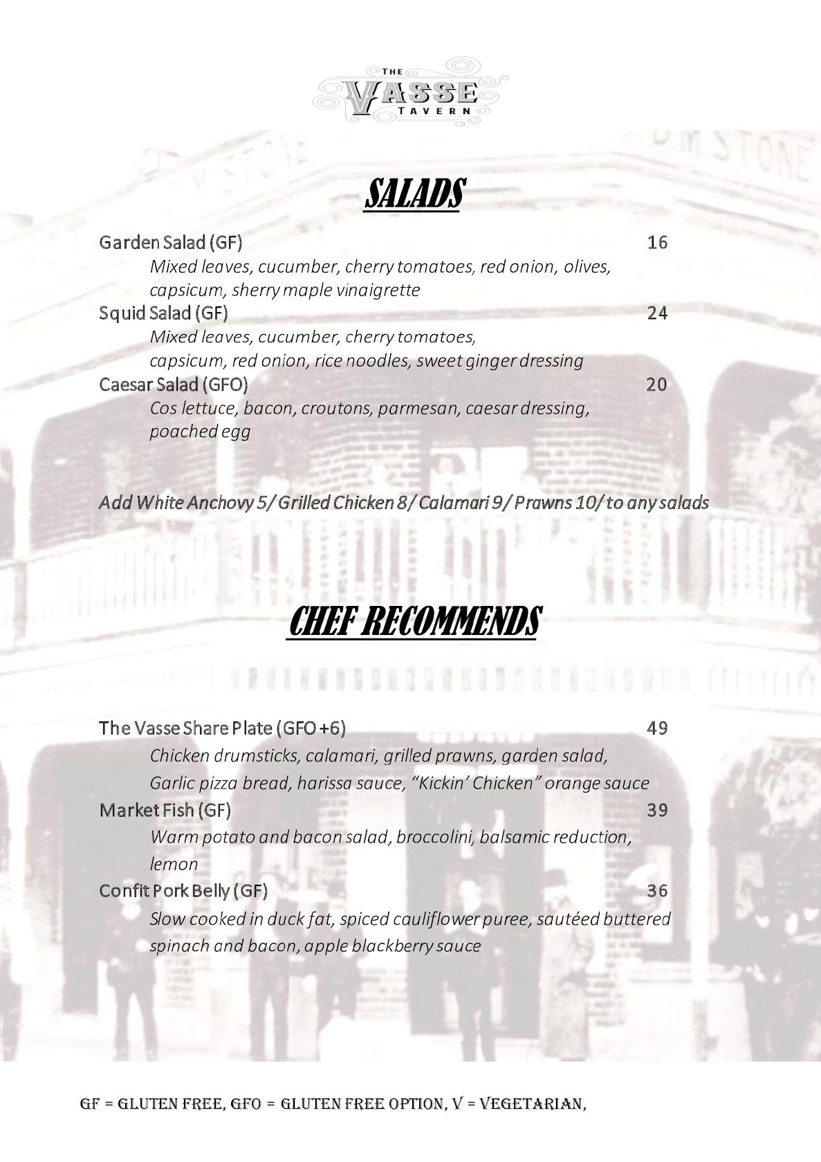 Menu at The Vasse Tavern pub & bar, Busselton, 44 Queen St