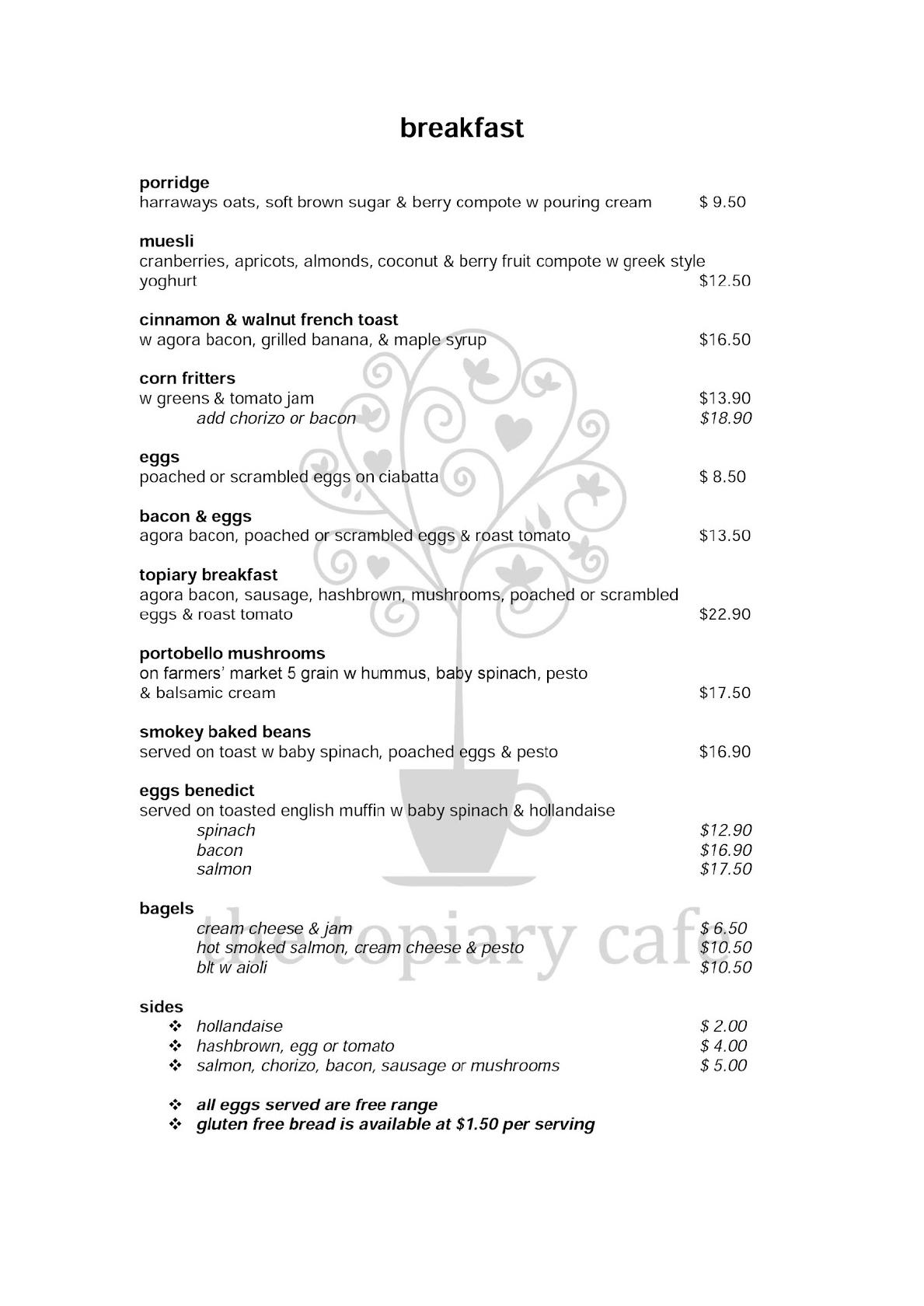 Menu at Topiary Café cafe, Mosgiel